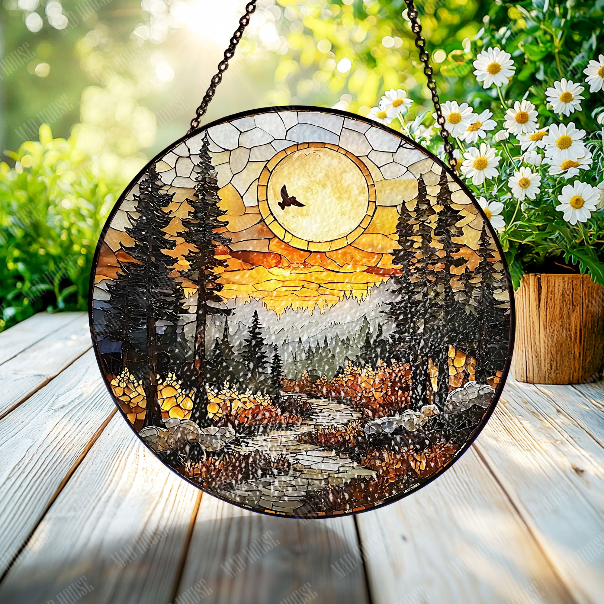 Window Hanging Glass Art - Nature Sunset Scene with Forest and Bird ...