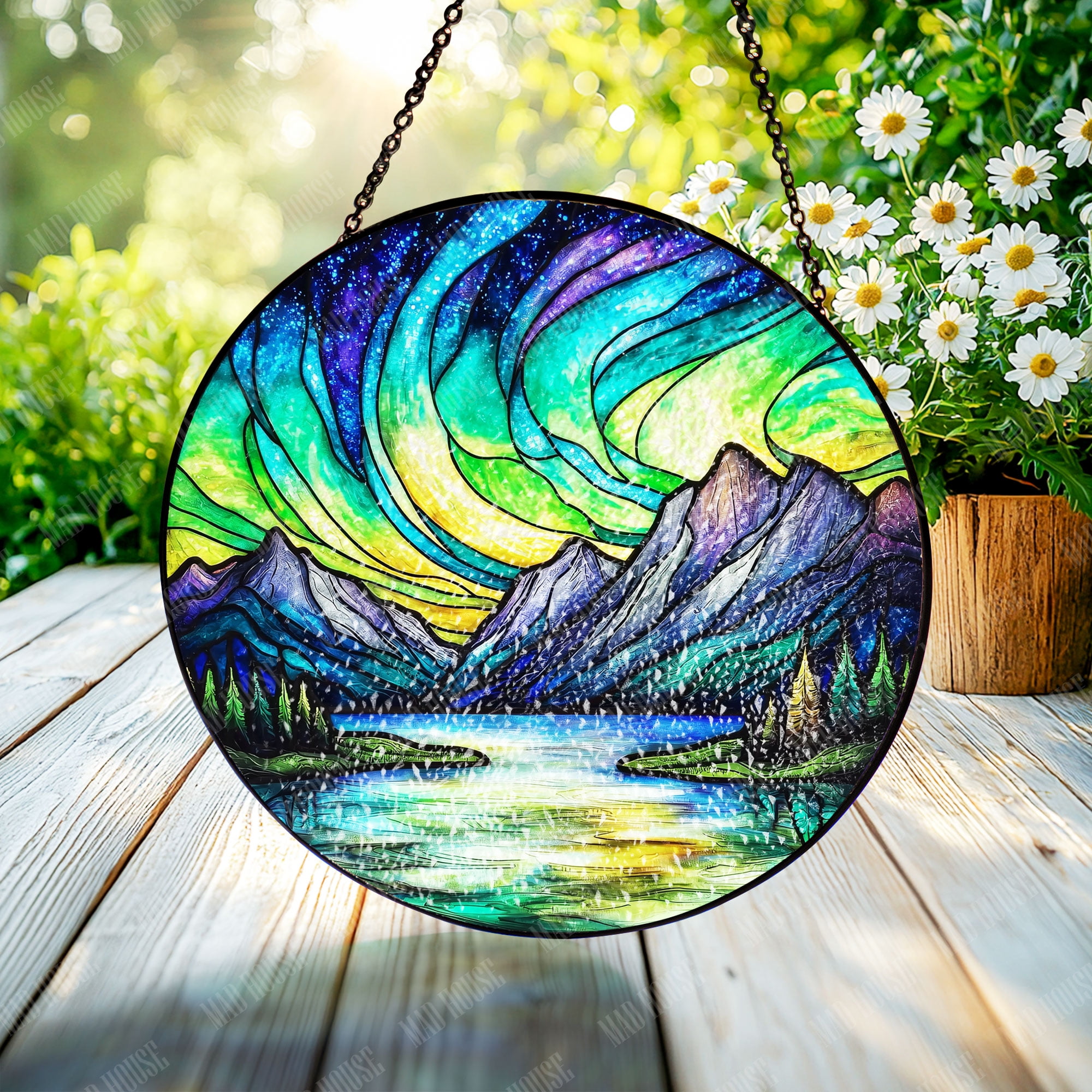 Window Hanging Glass - Northern Lights Over Mountain Lake Stained Glass ...