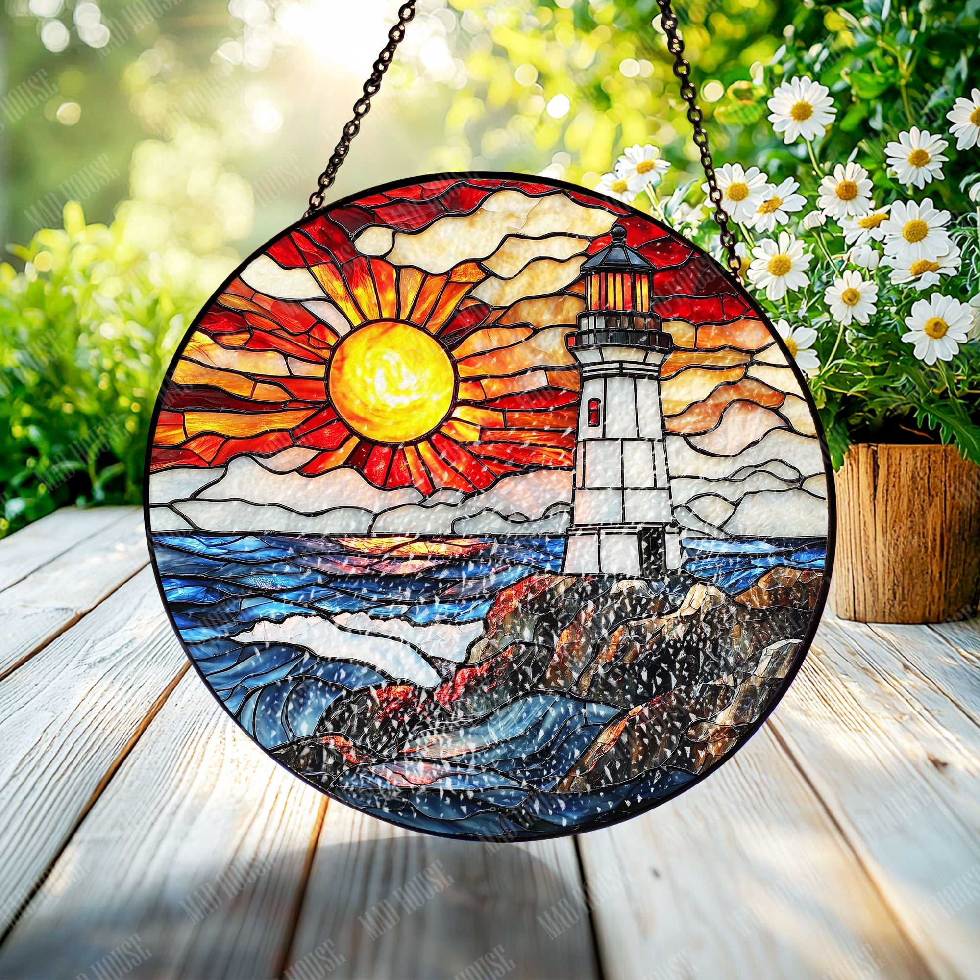 Window Hanging Glass, Vibrant Lighthouse and Sunset Design, Stained ...