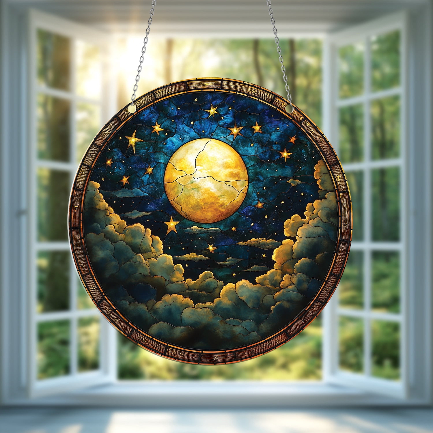 Window Hanging Moon & Stars, Car Decoration, Stained Glass Style Sun ...