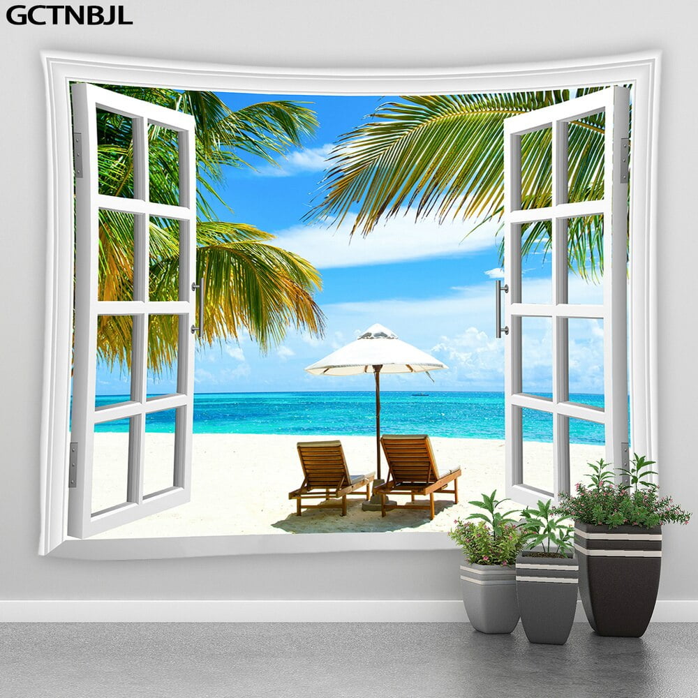 Window Landscape Large Tapestry Wall Hanging Sea Ocean Sunrise Beach ...