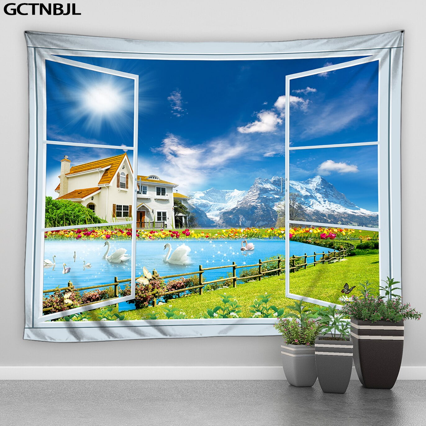 Window Lavender Scenery Tapestry Wall Hanging Purple Flower Plant ...