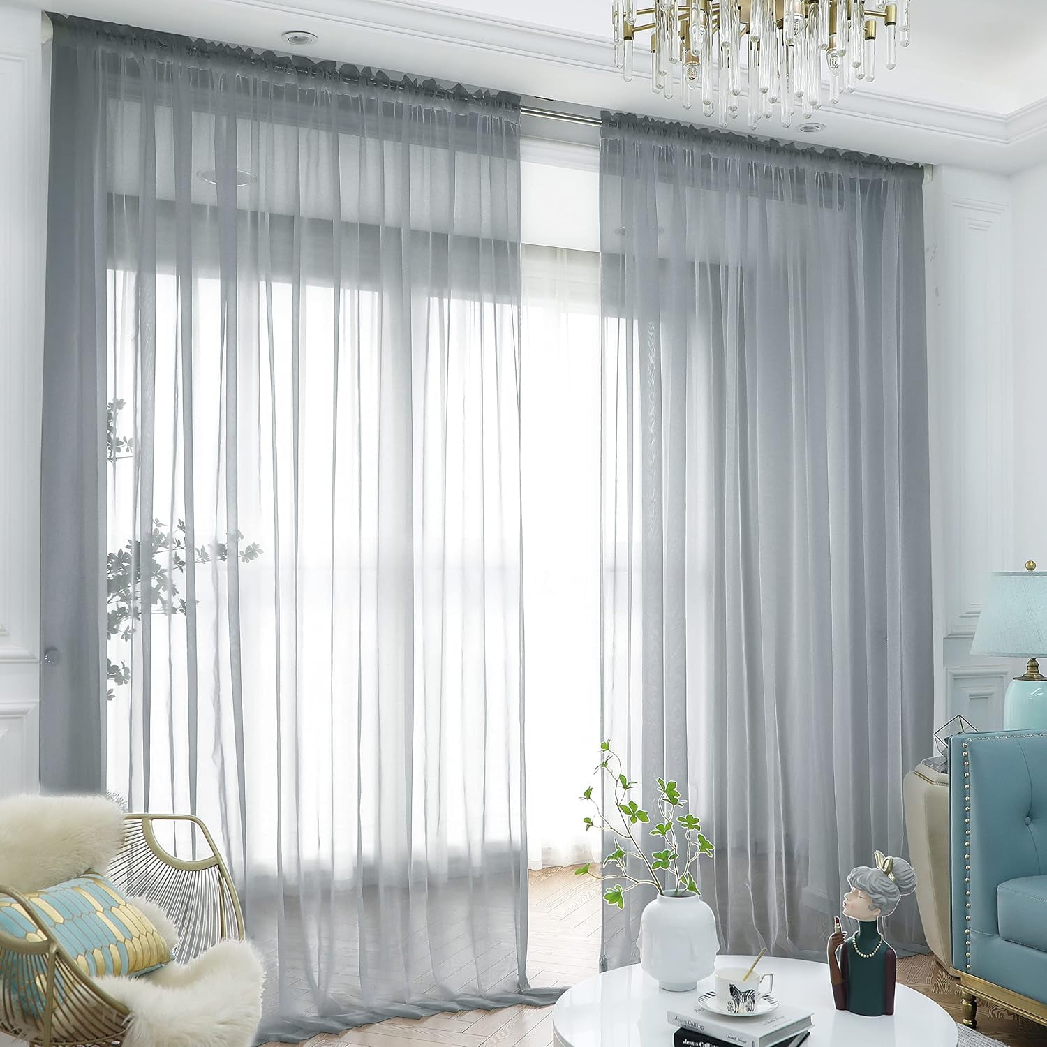 Window Light Gray Sheer Curtains 108 Inches Long 2 Panels Sheer Curtain ...