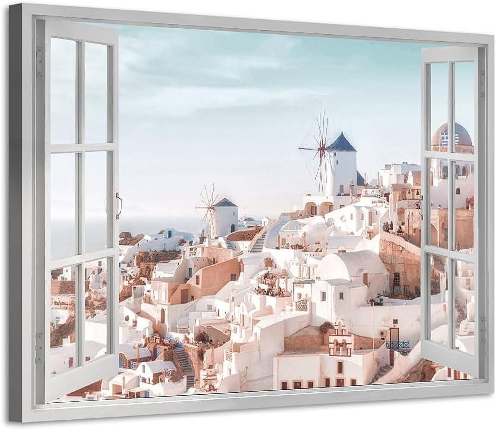 Window Mediterranean Landscape Wall Art: Santorini Greek Island Canvas ...