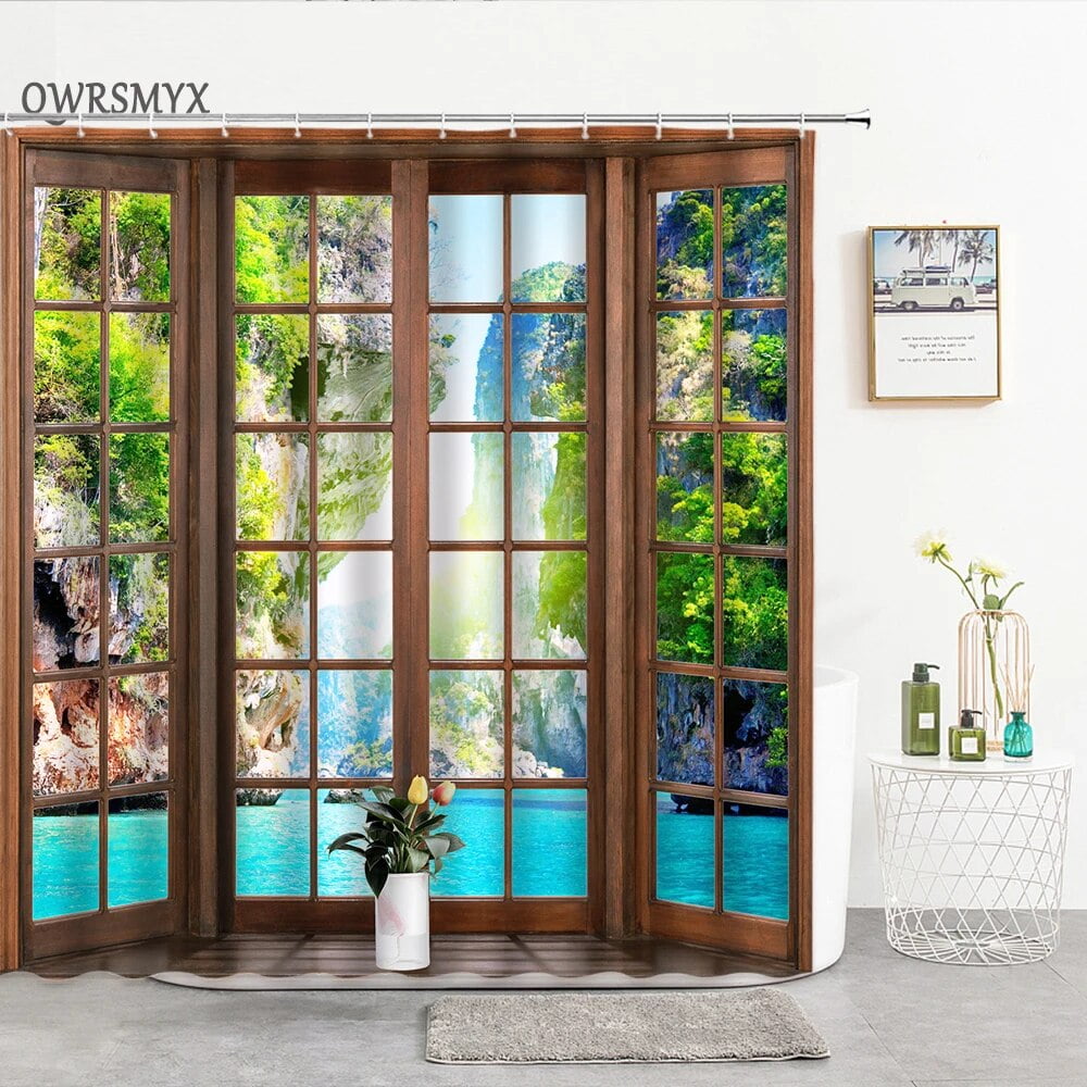 Window Ocean Beach Coconut Tree Landscape Shower Curtains Natural ...