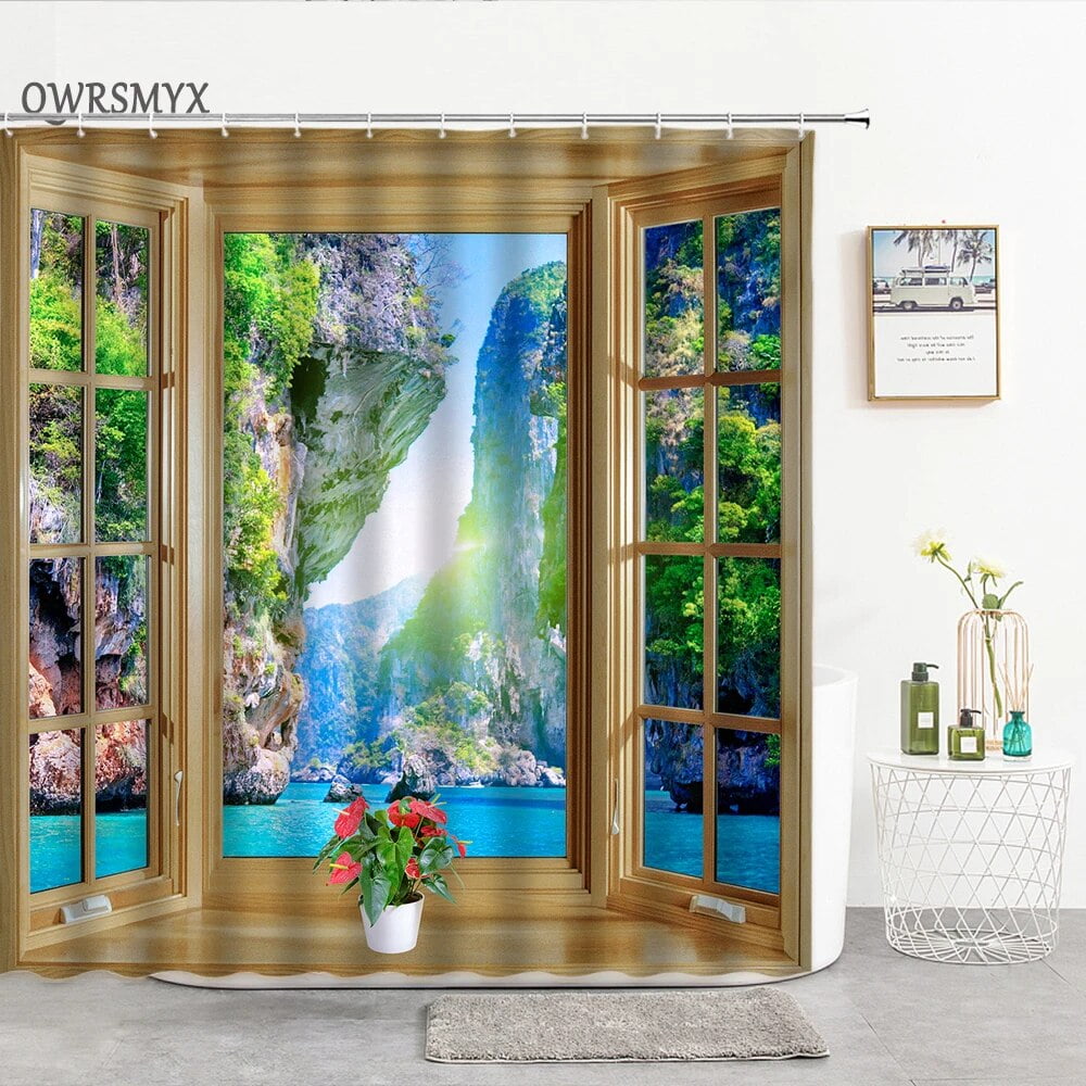 Window Ocean Beach Coconut Tree Landscape Shower Curtains Natural Scenery Bath Decor Curtain ...