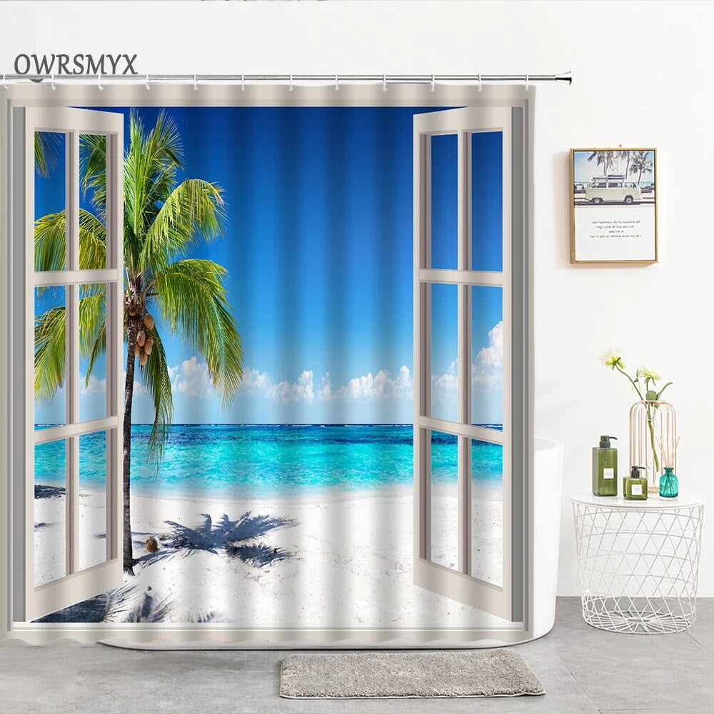 Window Ocean Beach Coconut Tree Landscape Shower Curtains Natural Scenery Bath Decor Curtain ...