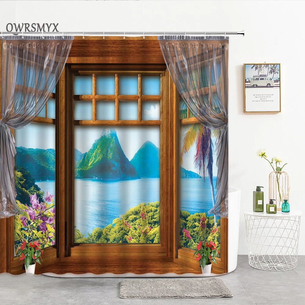 Window Ocean Beach Coconut Tree Landscape Shower Curtains Natural Scenery Bath Decor Curtain ...