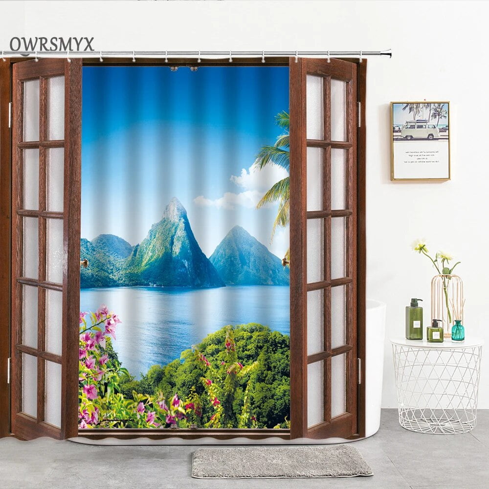 Window Ocean Beach Coconut Tree Landscape Shower Curtains Natural Scenery Bath Decor Curtain ...
