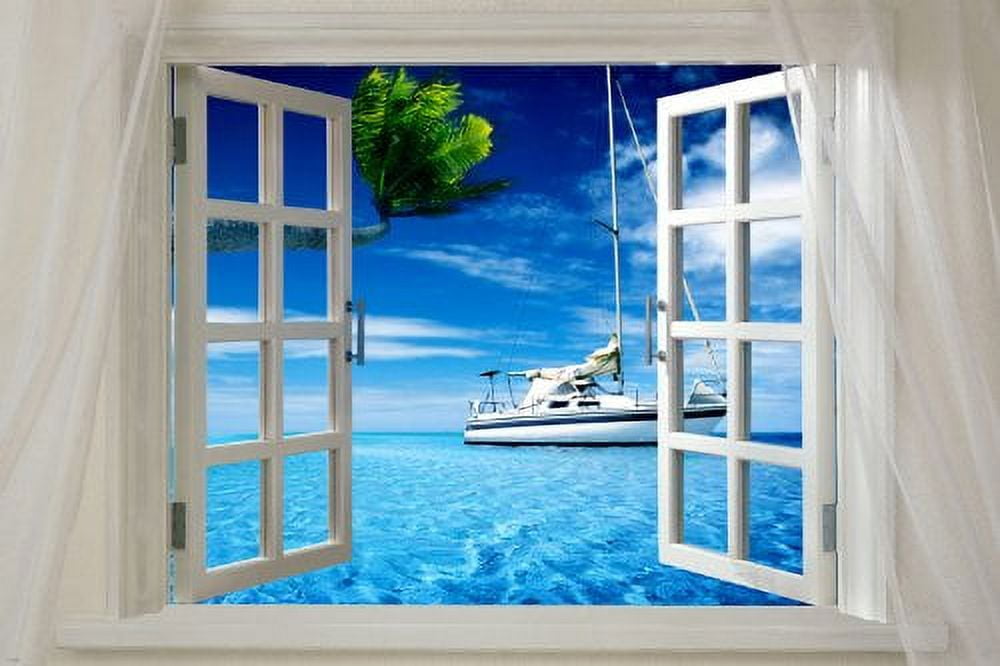 Window Onto Ocean With Boat Scenic Sails Palm Trees 24" x 0.01" Poster ...