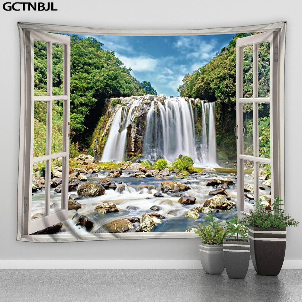 Window Outside Waterfall Landscape Tapestry Natural Scenery Hippie Wall ...