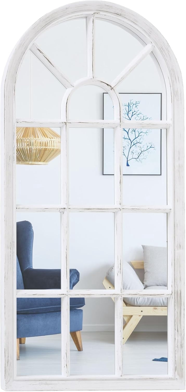 Window Pane Arched Wall Mirror, Window, Rustic, White Distressed Faux ...