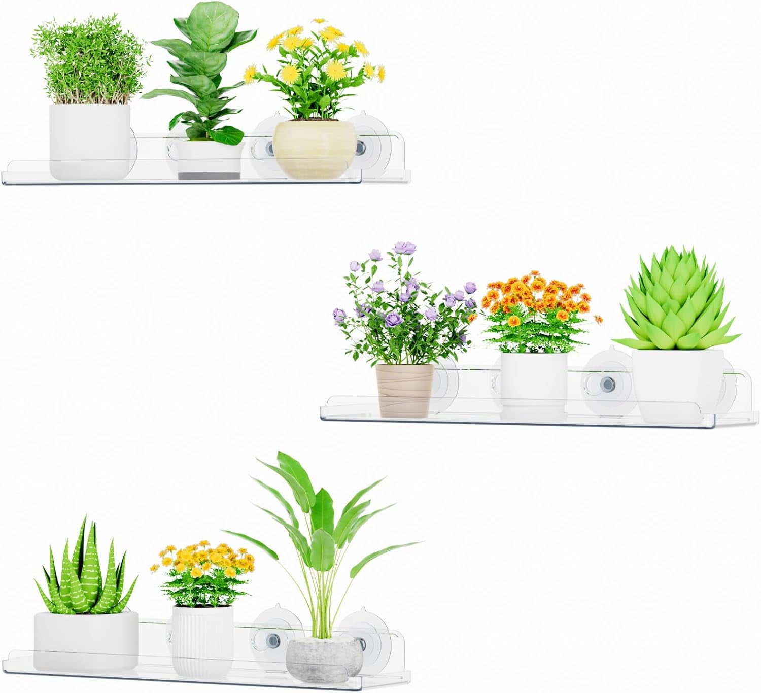 Window Plant Floating Shelves 15 inch, 3 Pack Acrylic Suction Cup Shelf ...