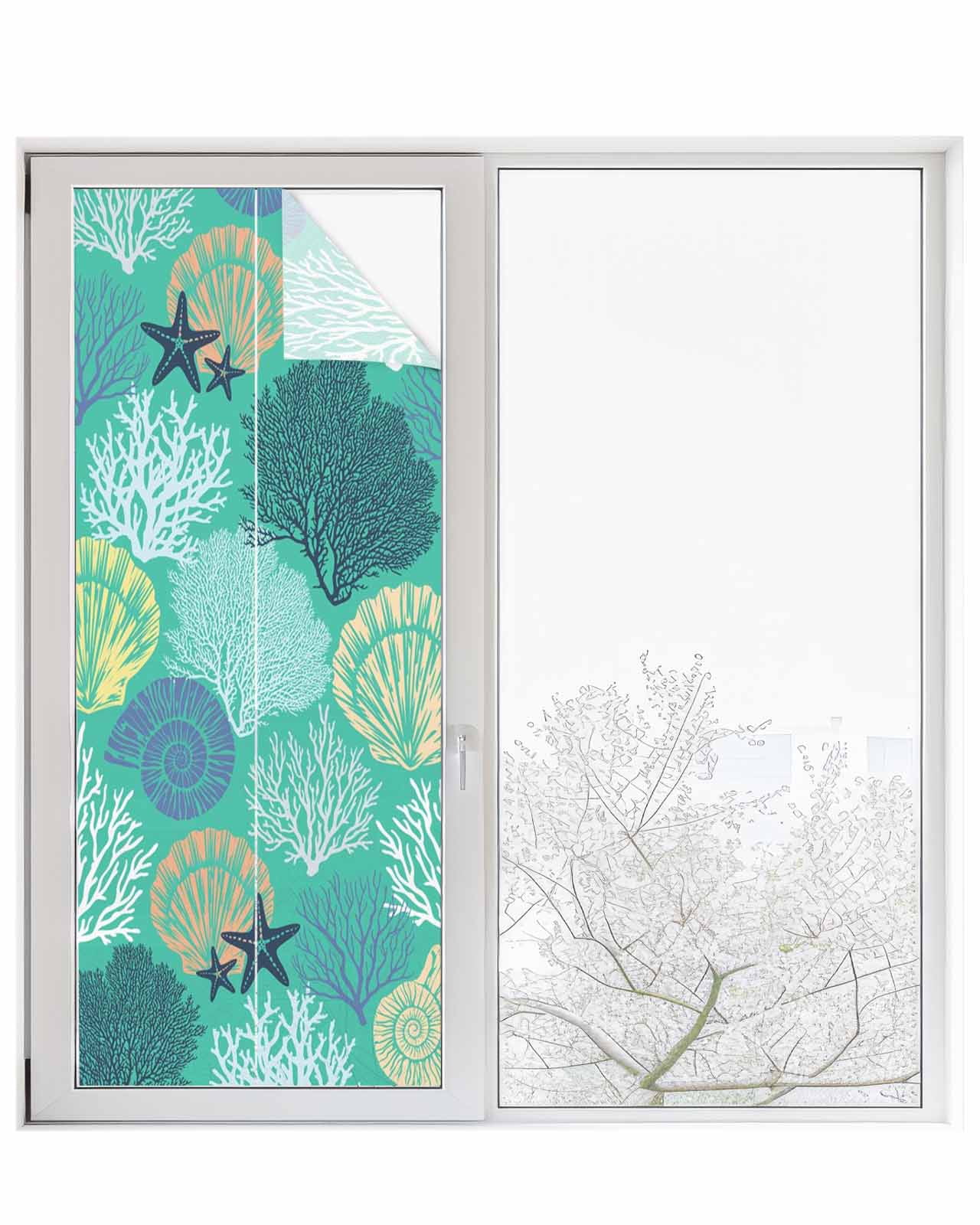 Window Privacy Film Aqua Gray Shell Coral Stained Glass Window Film ...