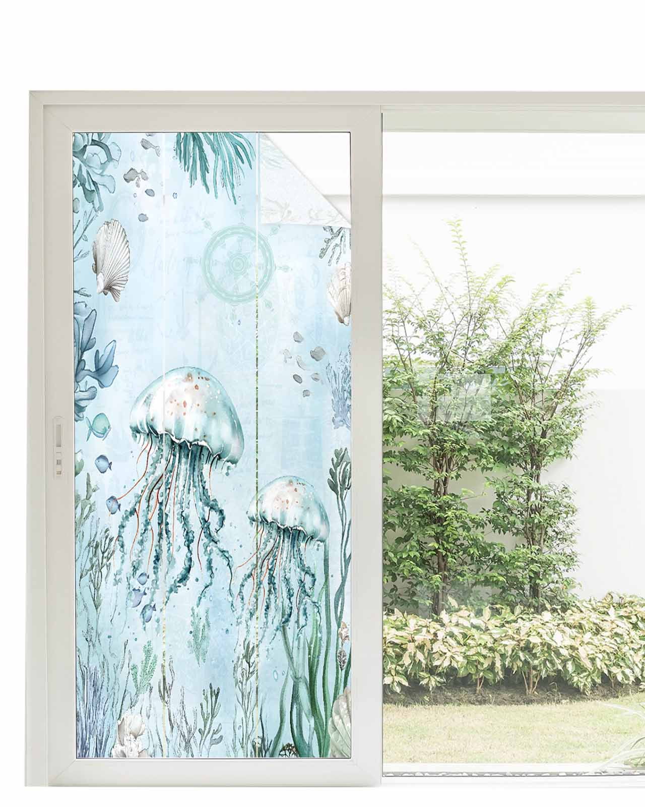 Window Privacy Film Aqua Jellyfish Stained Glass Window Film Decorative ...