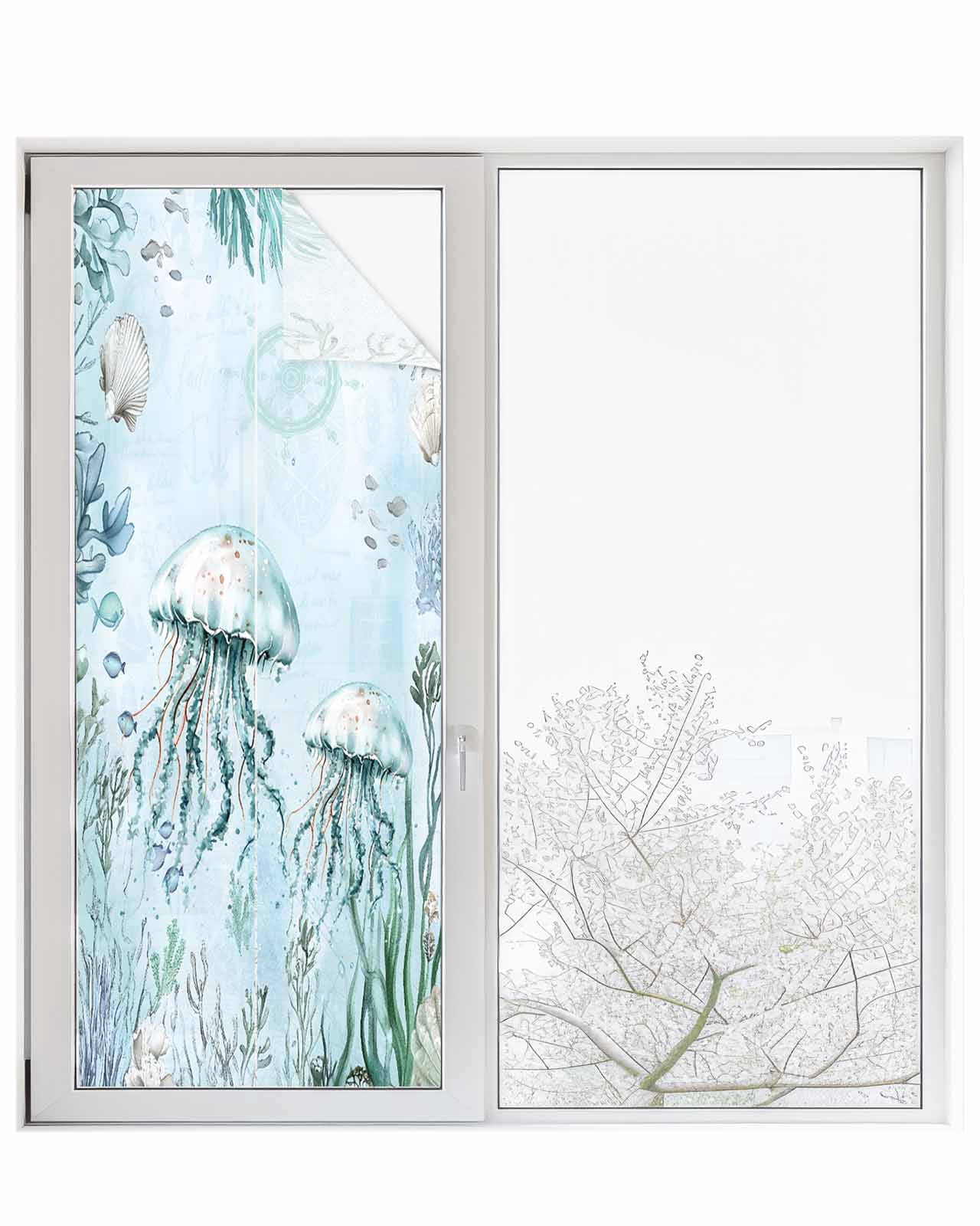 Window Privacy Film Aqua Jellyfish Stained Glass Window Film Decorative ...