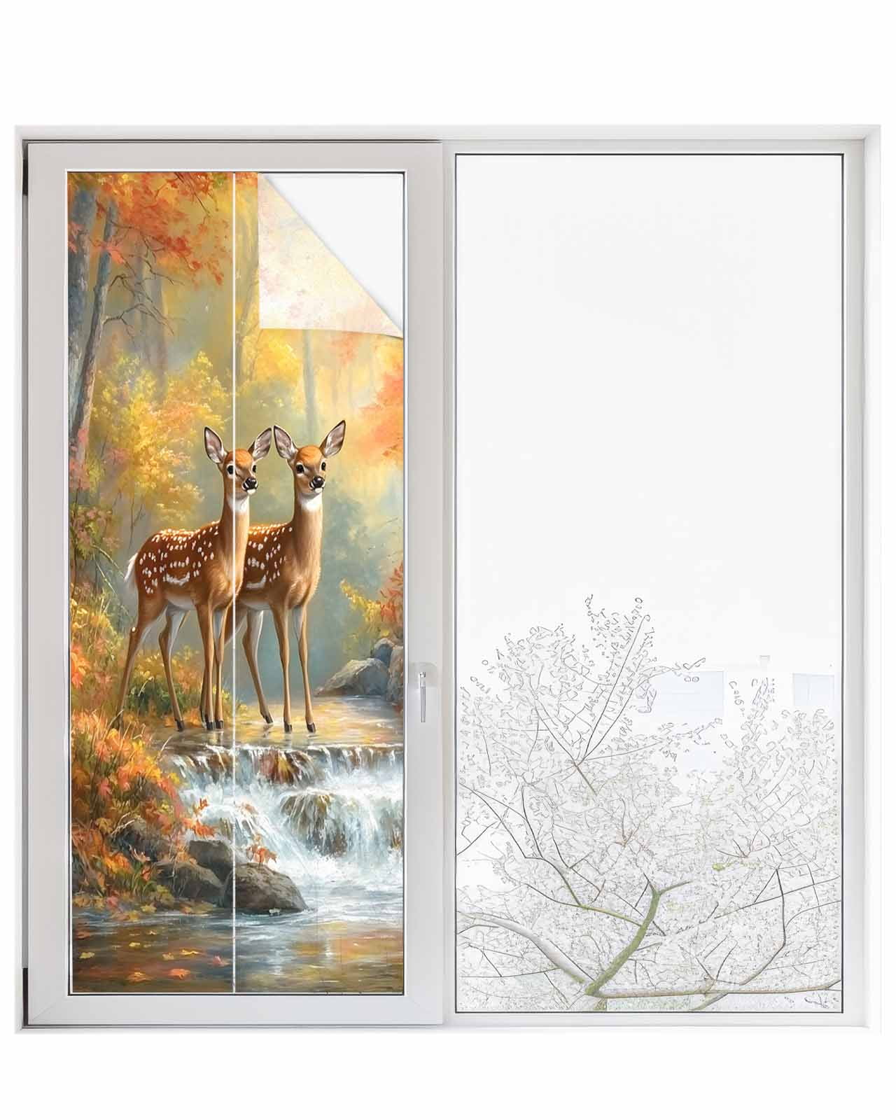 Window Privacy Film Autumn Forest Deer Stained Glass Window Film ...