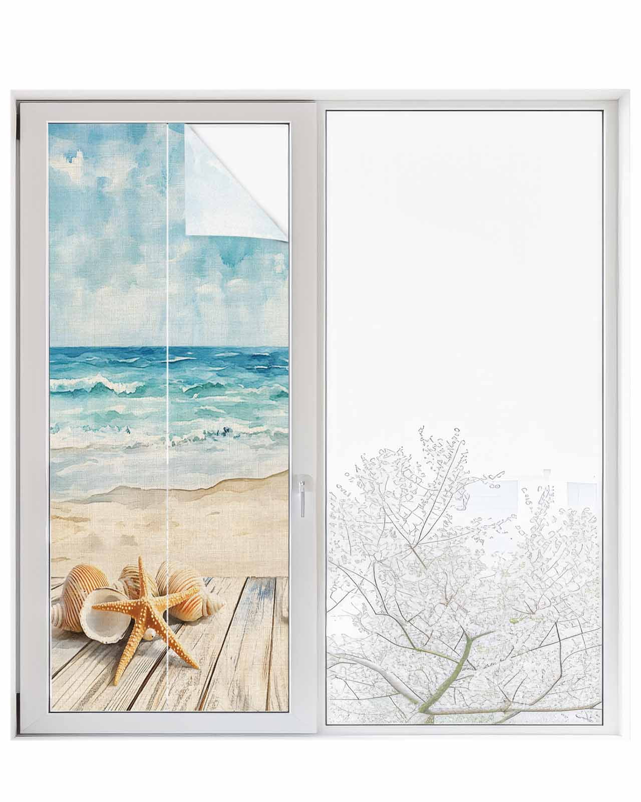 Window Privacy Film Beach Coastal Stained Glass Window Film Decorative Sun Block Window Cover ...