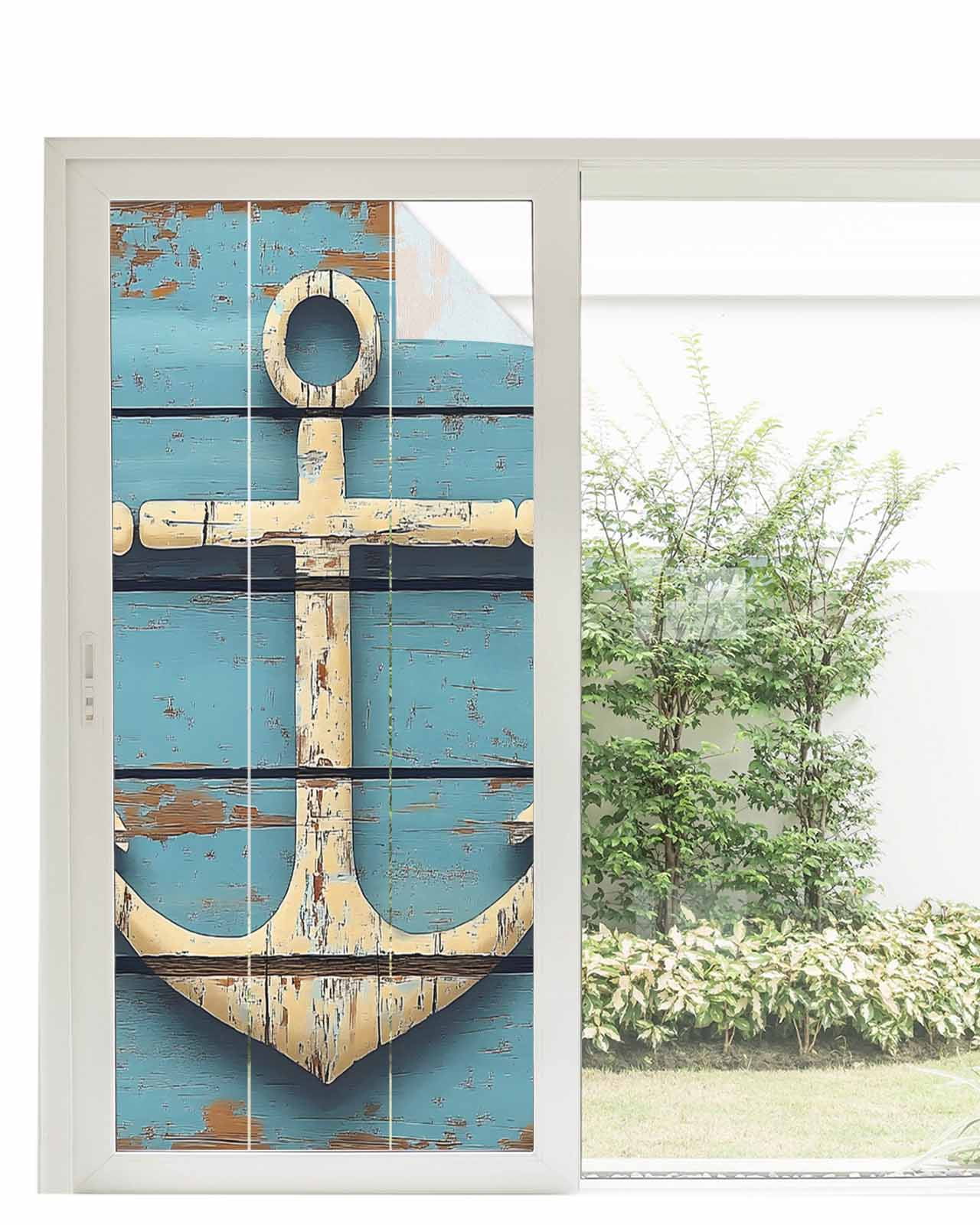 Window Privacy Film Beige Anchor Nautical Stained Glass Window Film ...