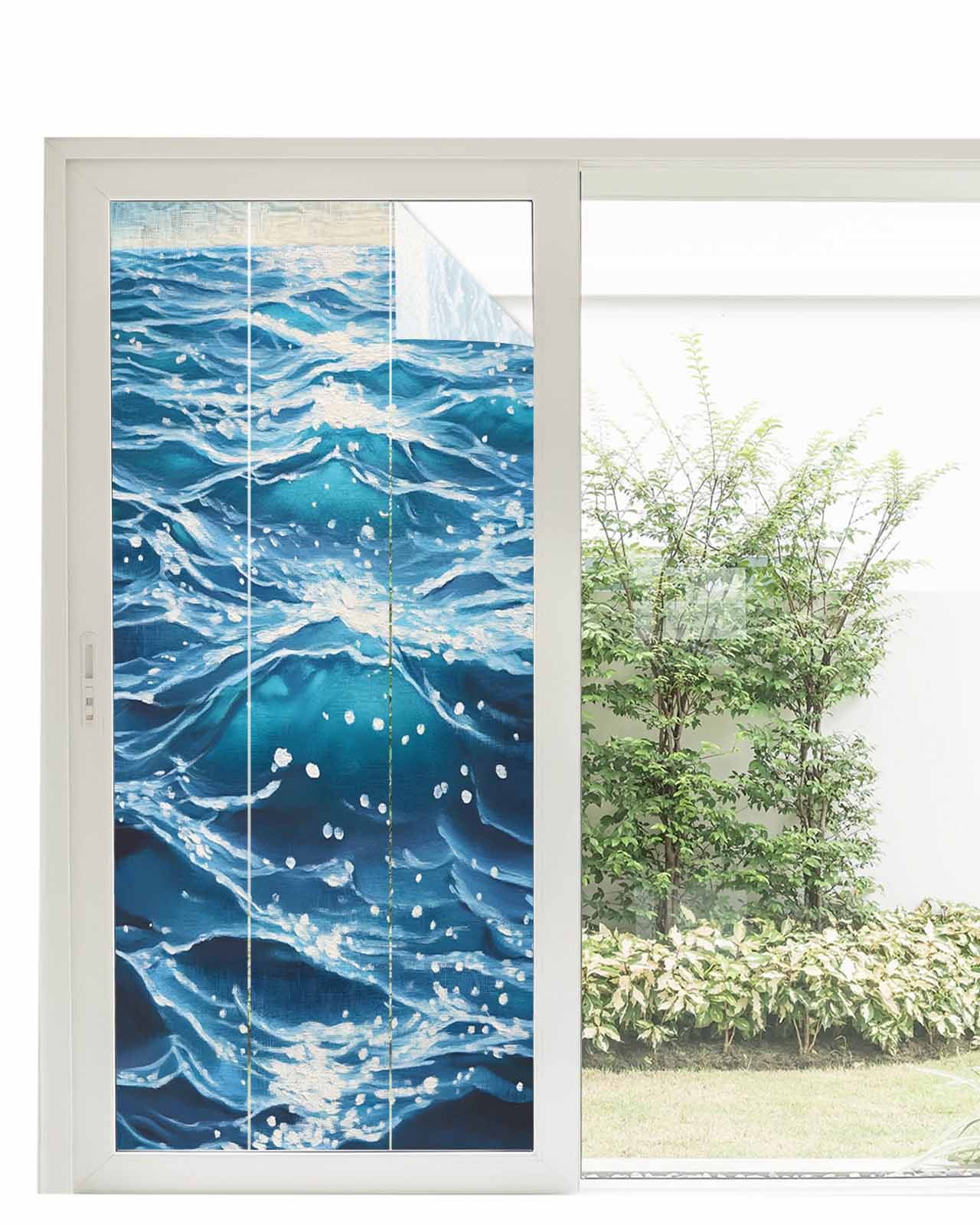 Window Privacy Film Blue Beach Coastal Stained Glass Window Film ...