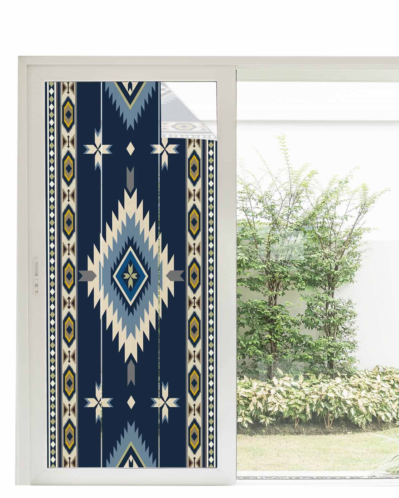 Window Privacy Film, Blue Beige Boho Southwestern Sun Blocking Window ...