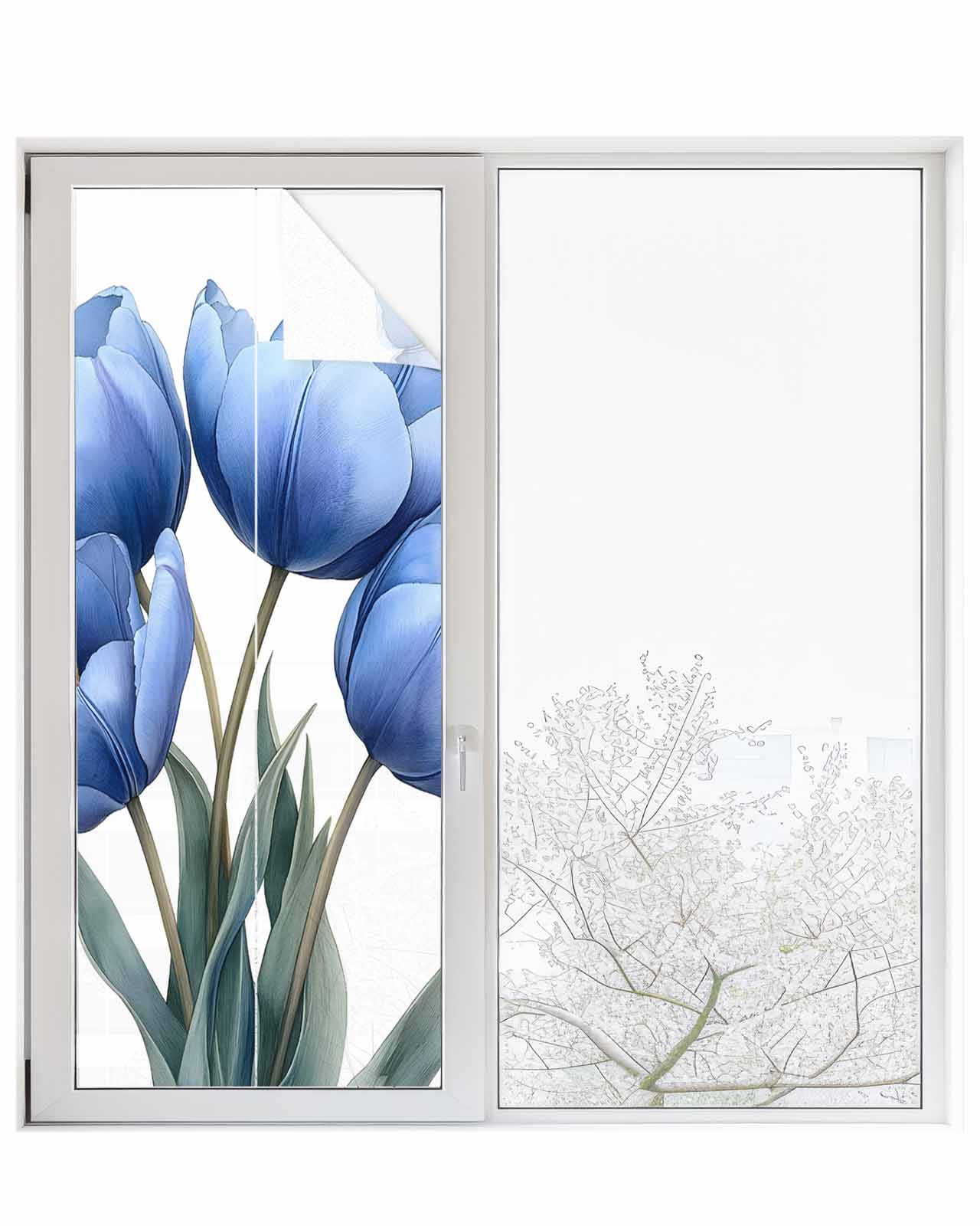 Window Privacy Film Blue Blossoming Tulip Stained Glass Window Film ...