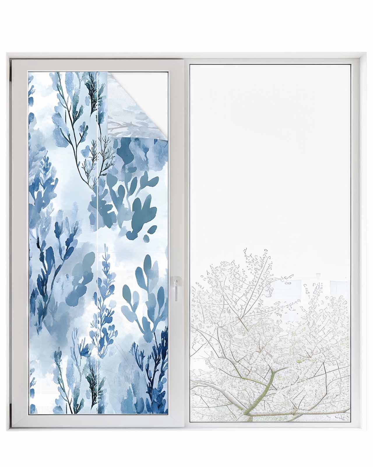 Window Privacy Film Blue Botanical Art Stained Glass Window Film ...