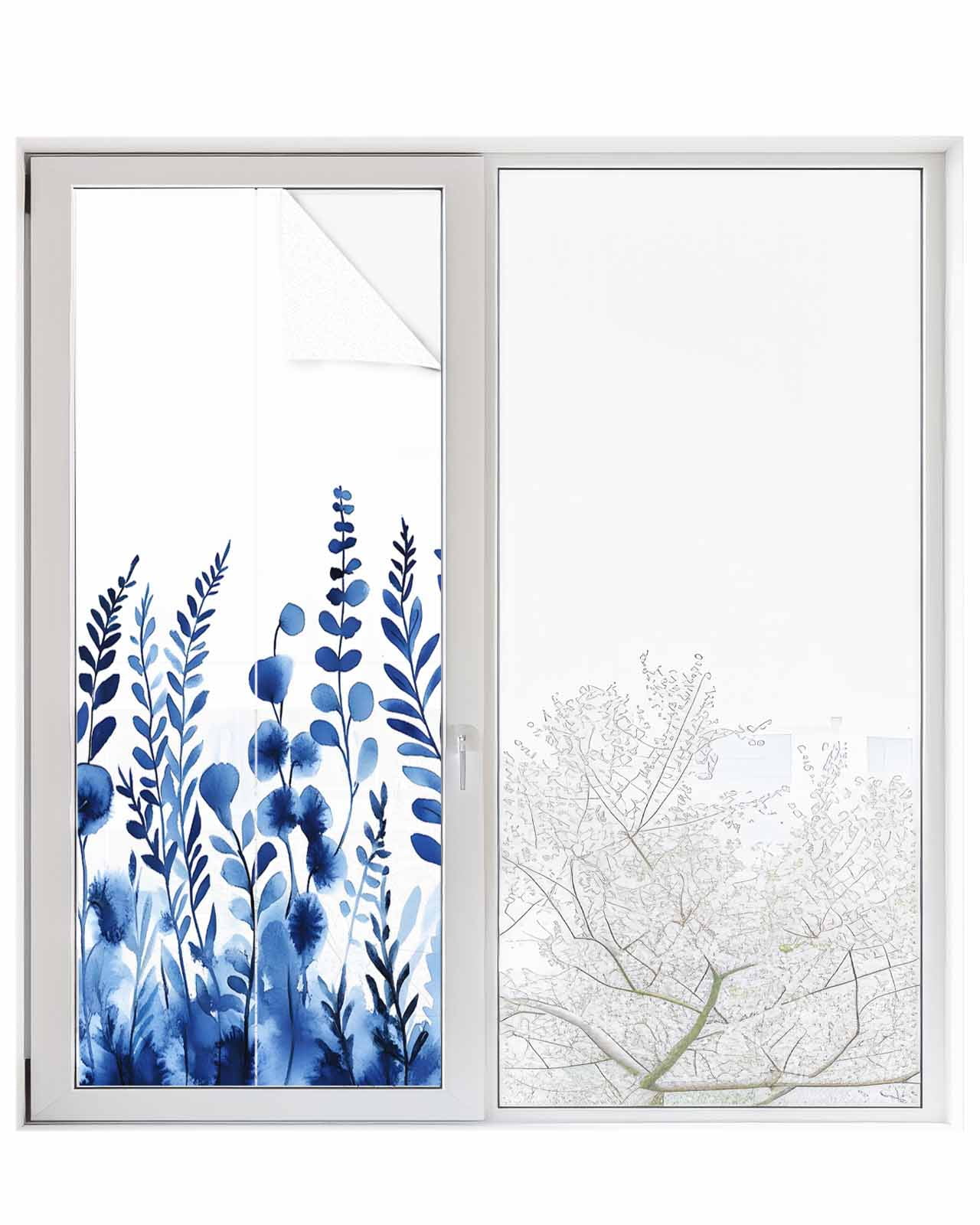 Window Privacy Film Blue Botanical Blossom Stained Glass Window Film ...