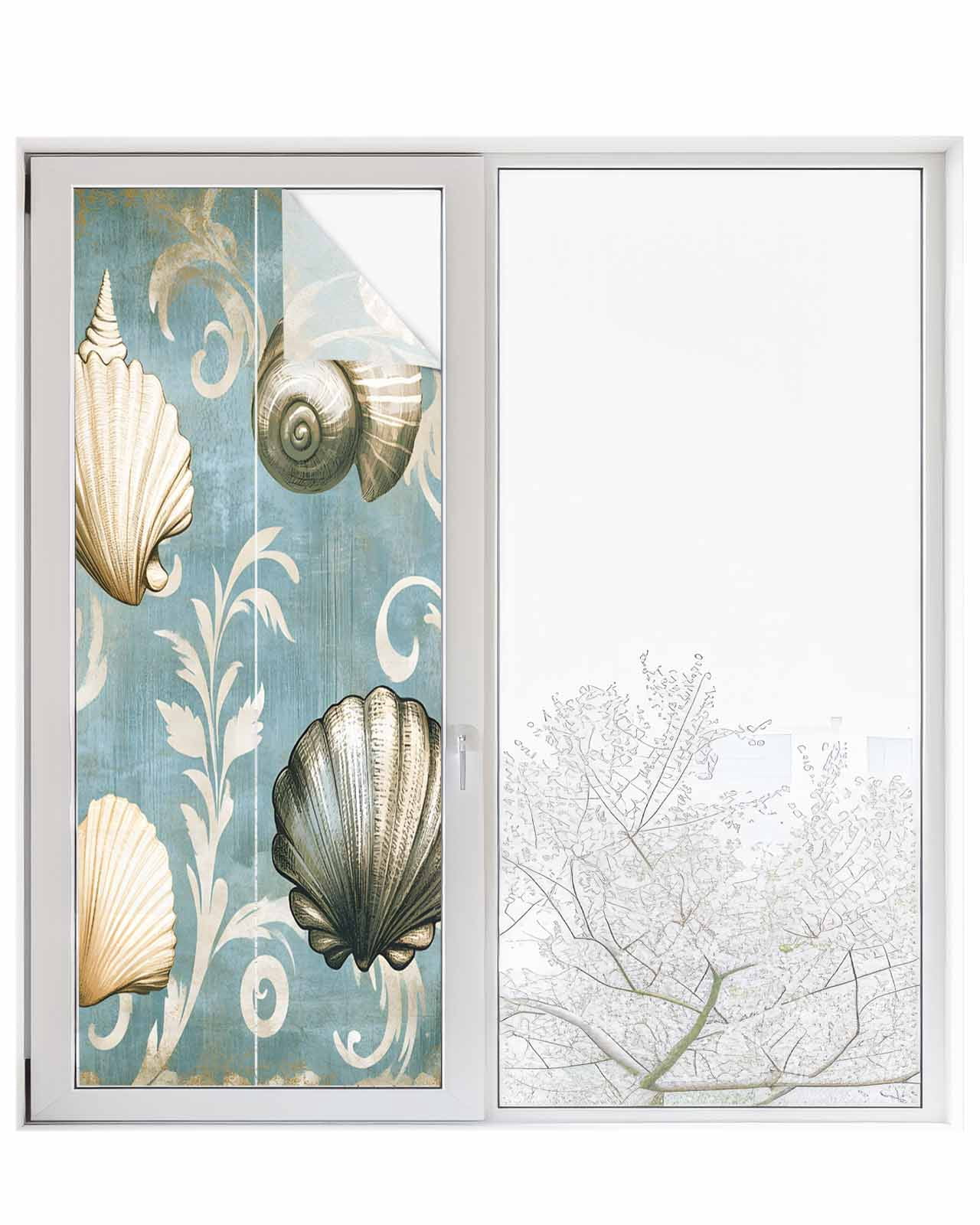 Window Privacy Film Blue Brown Coastal Stained Glass Window Film ...