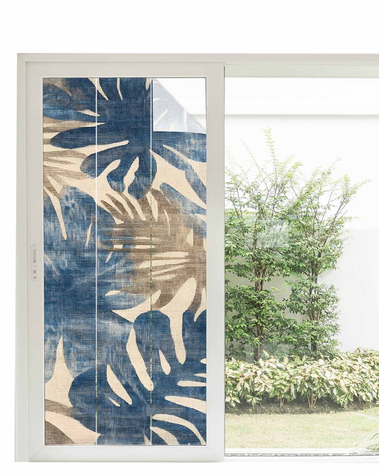 Window Privacy Film Blue Brown Palm Leaf Stained Glass Window Film ...