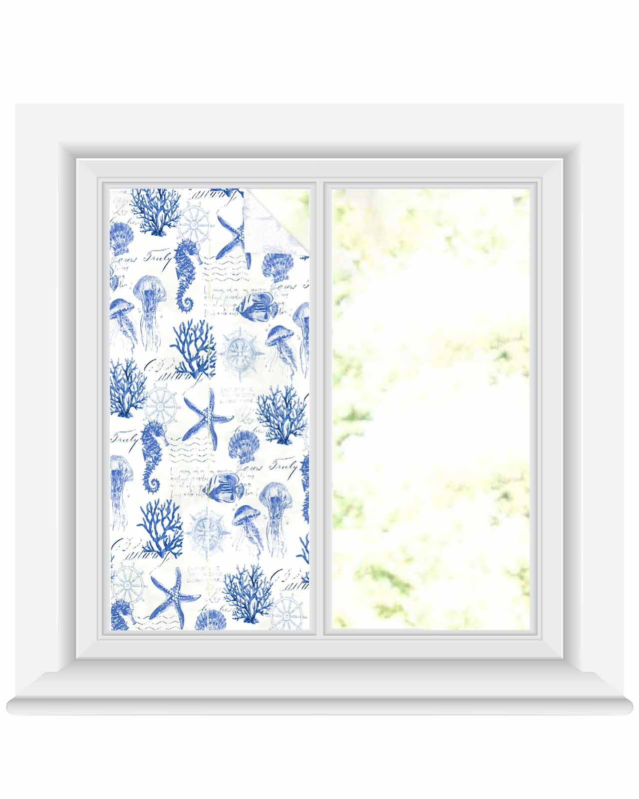 Window Privacy Film Blue Coastal Stained Glass Window Film Decorative ...