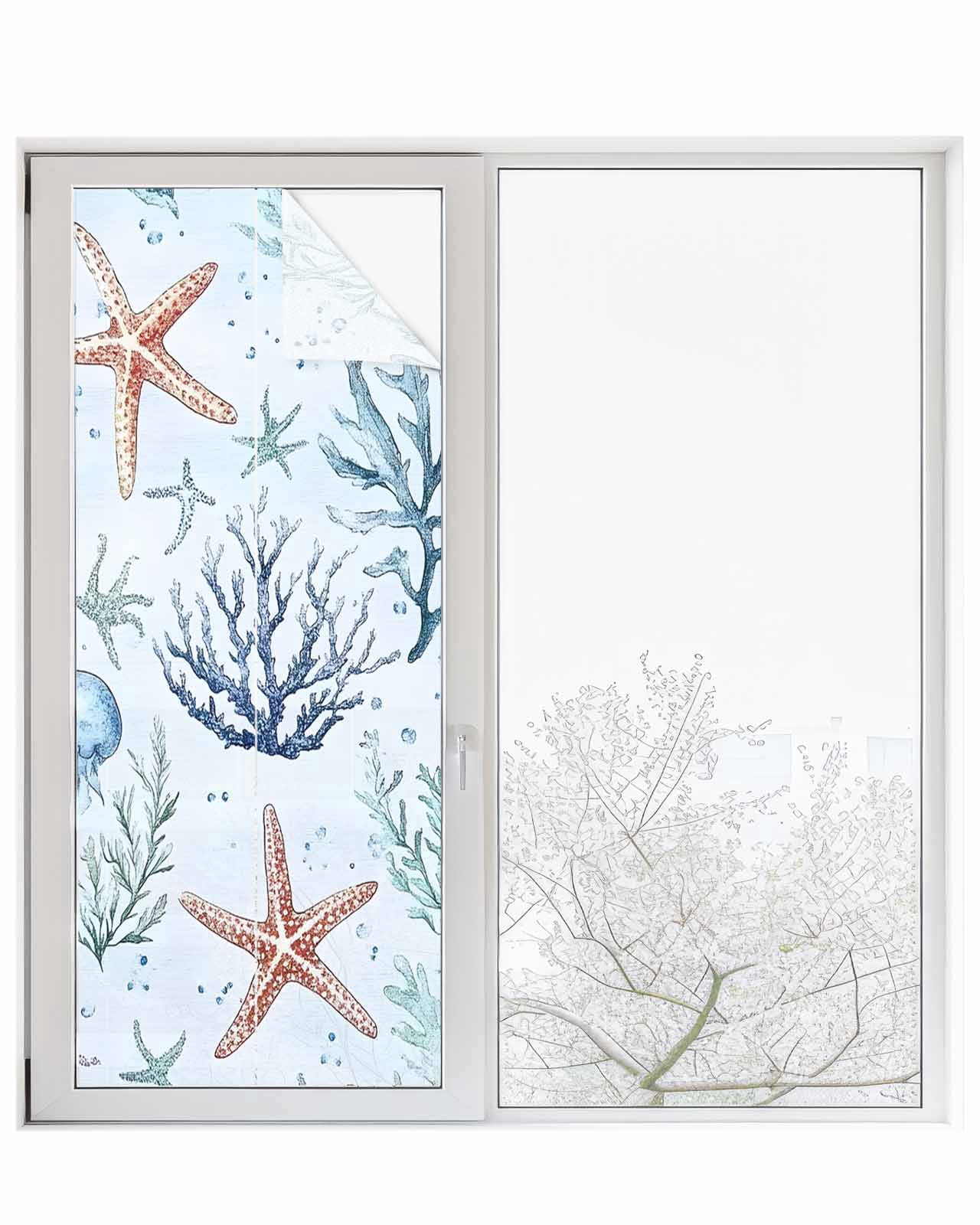 Window Privacy Film Blue Coastal Stained Glass Window Film Decorative ...