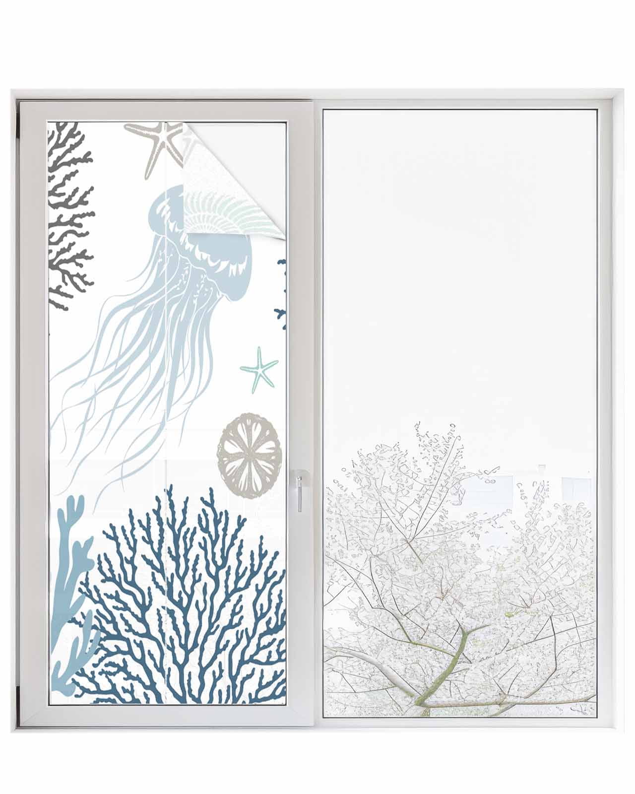 Window Privacy Film Blue Coastal Stained Glass Window Film Decorative ...