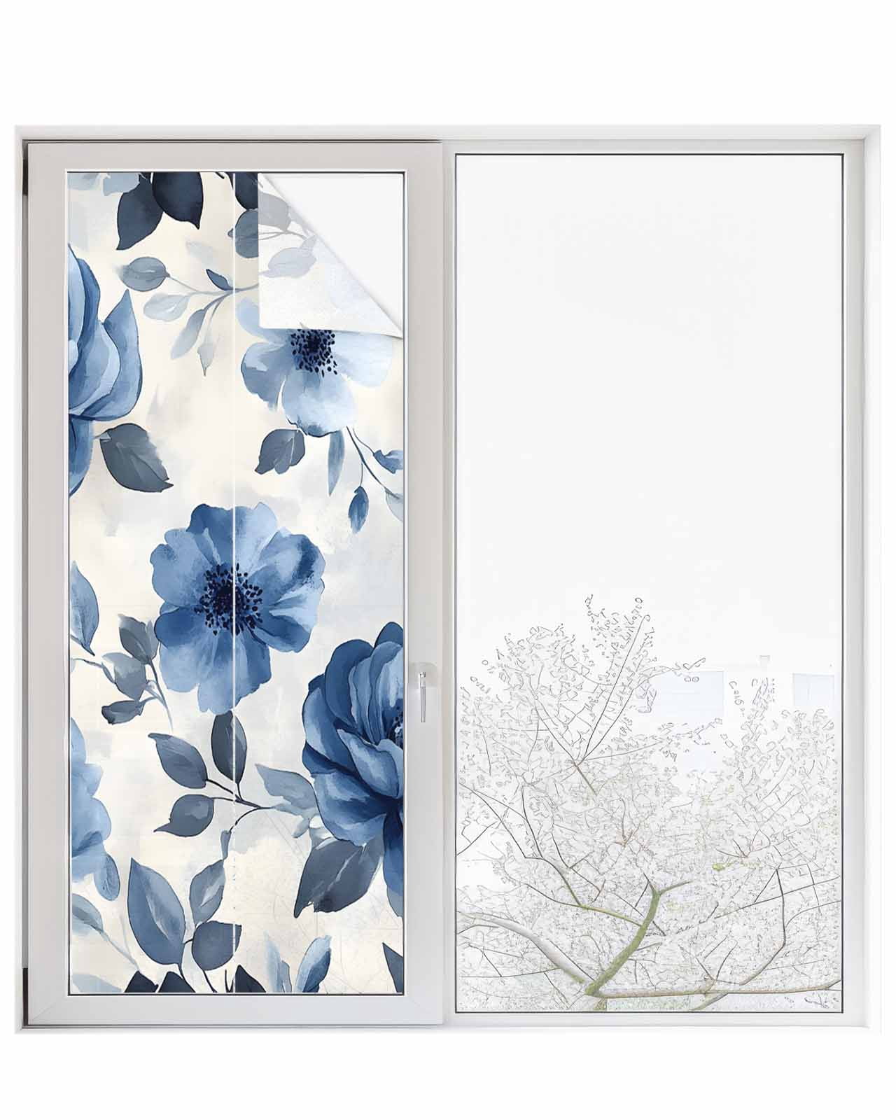 Window Privacy Film Blue Floral Stained Glass Window Film Decorative ...