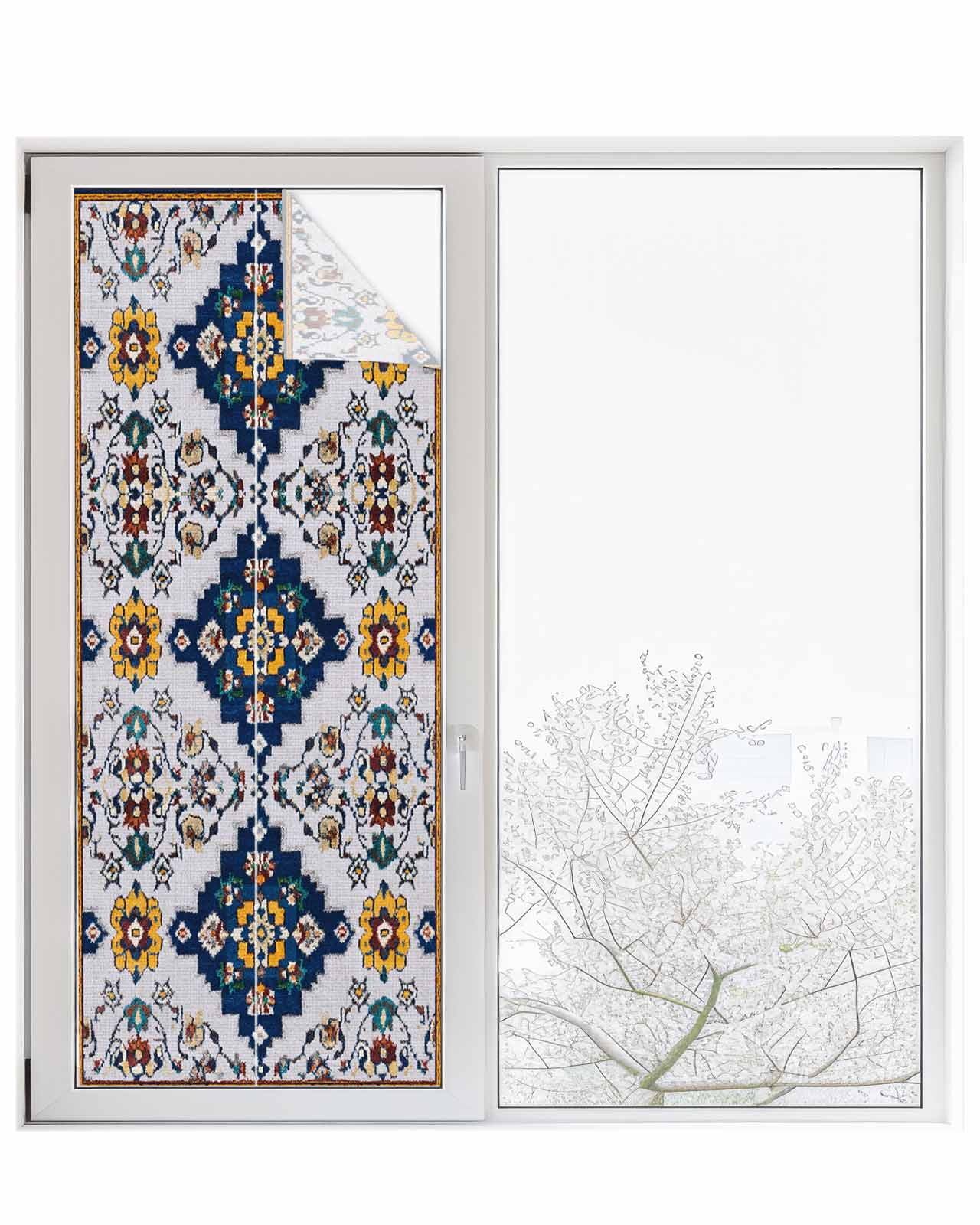 Window Privacy Film Blue Grey Boho Stained Glass Window Film Decorative Sun Block Window Cover ...