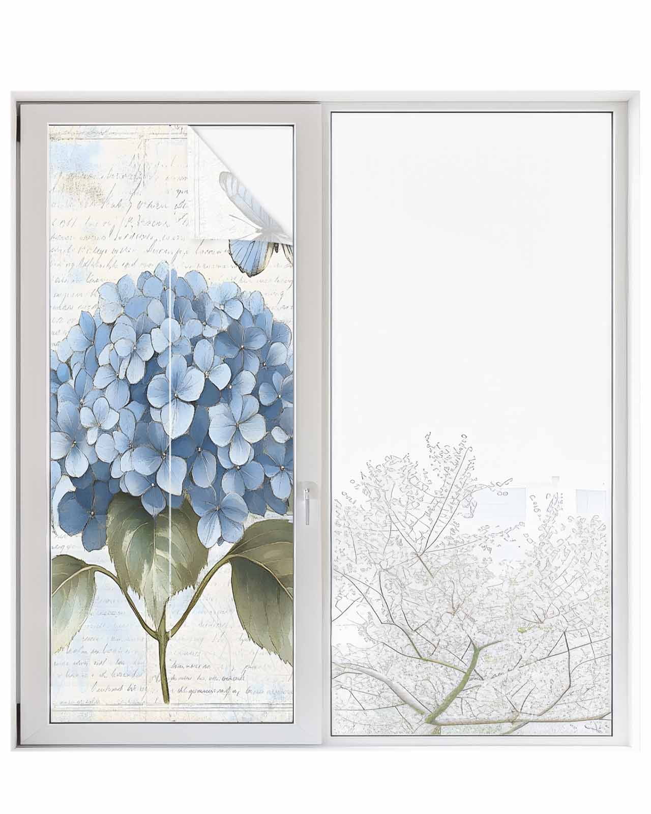 Window Privacy Film Blue Hydrangea Retro Stained Glass Window Film ...