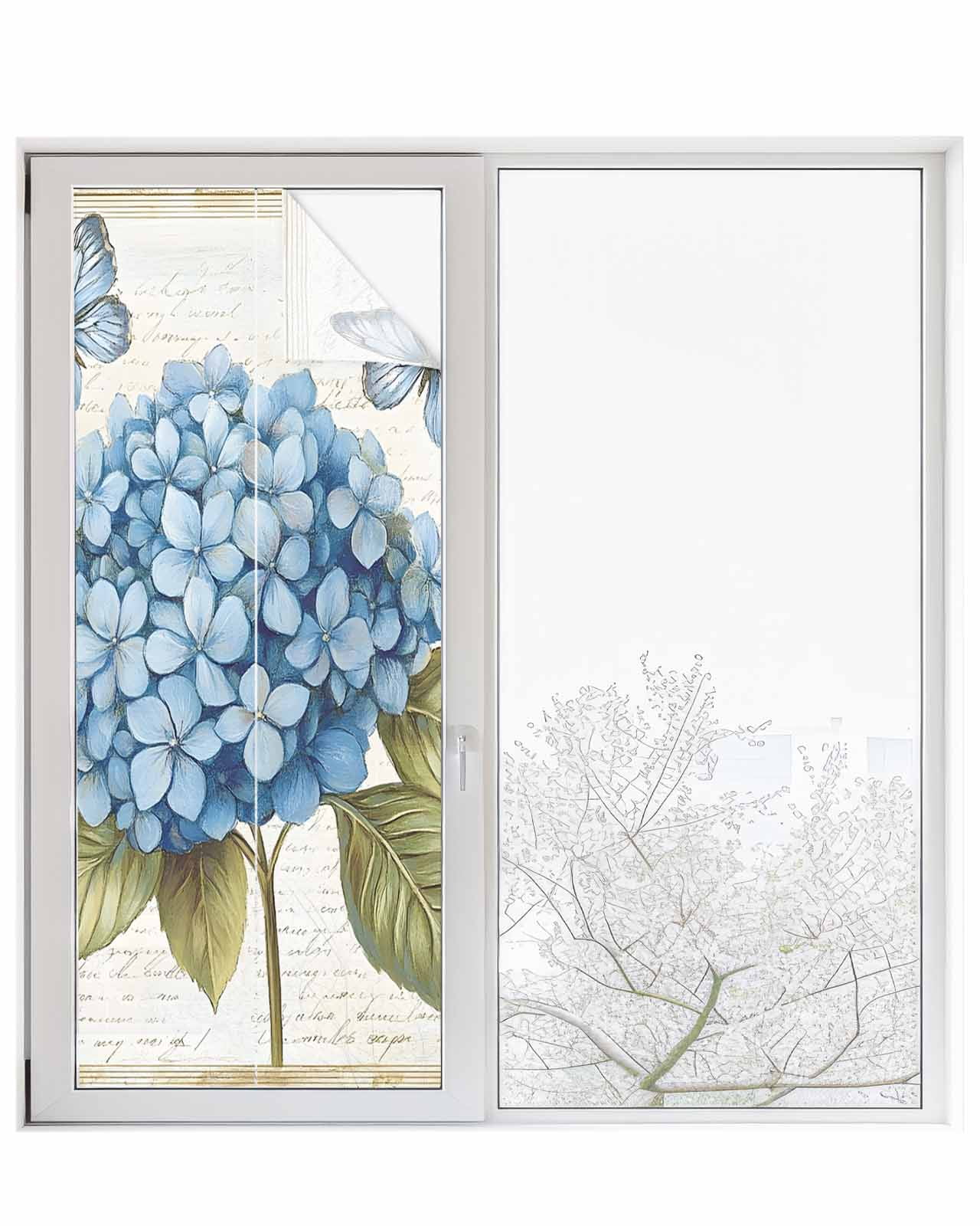 Window Privacy Film Blue Hydrangea Stained Glass Window Film Decorative ...