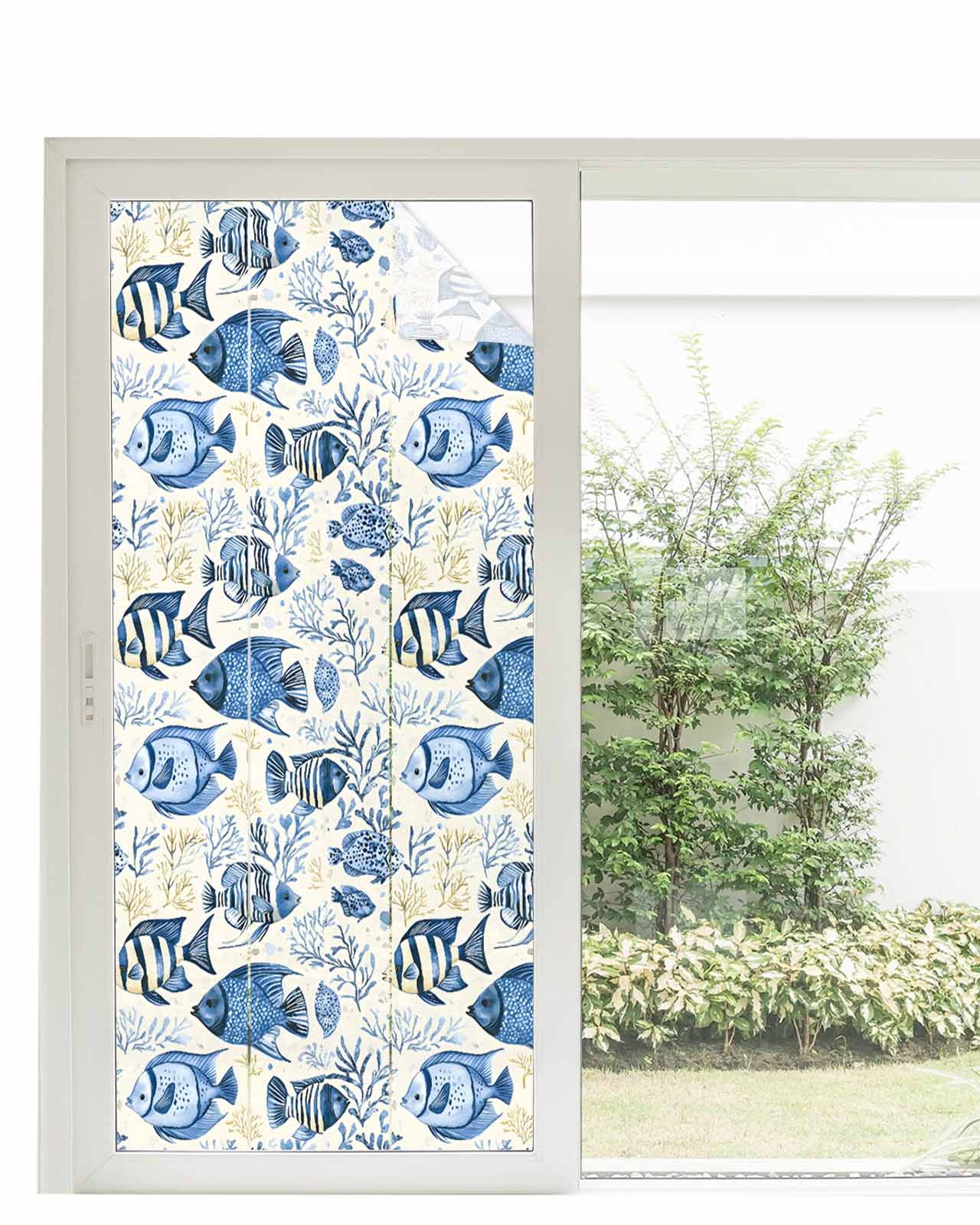 Window Privacy Film Blue Ocean Fish Stained Glass Window Film ...
