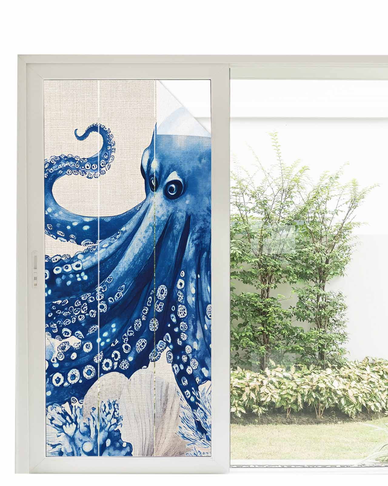 Window Privacy Film Blue Octopus Coastal Stained Glass Window Film ...