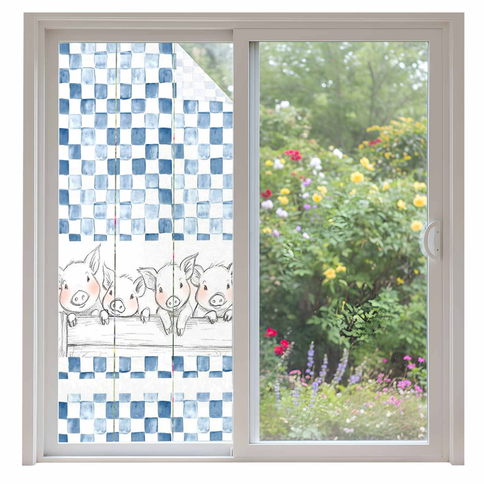 Window Privacy Film Blue Plaid Farmhouse Stained Glass Window Film ...