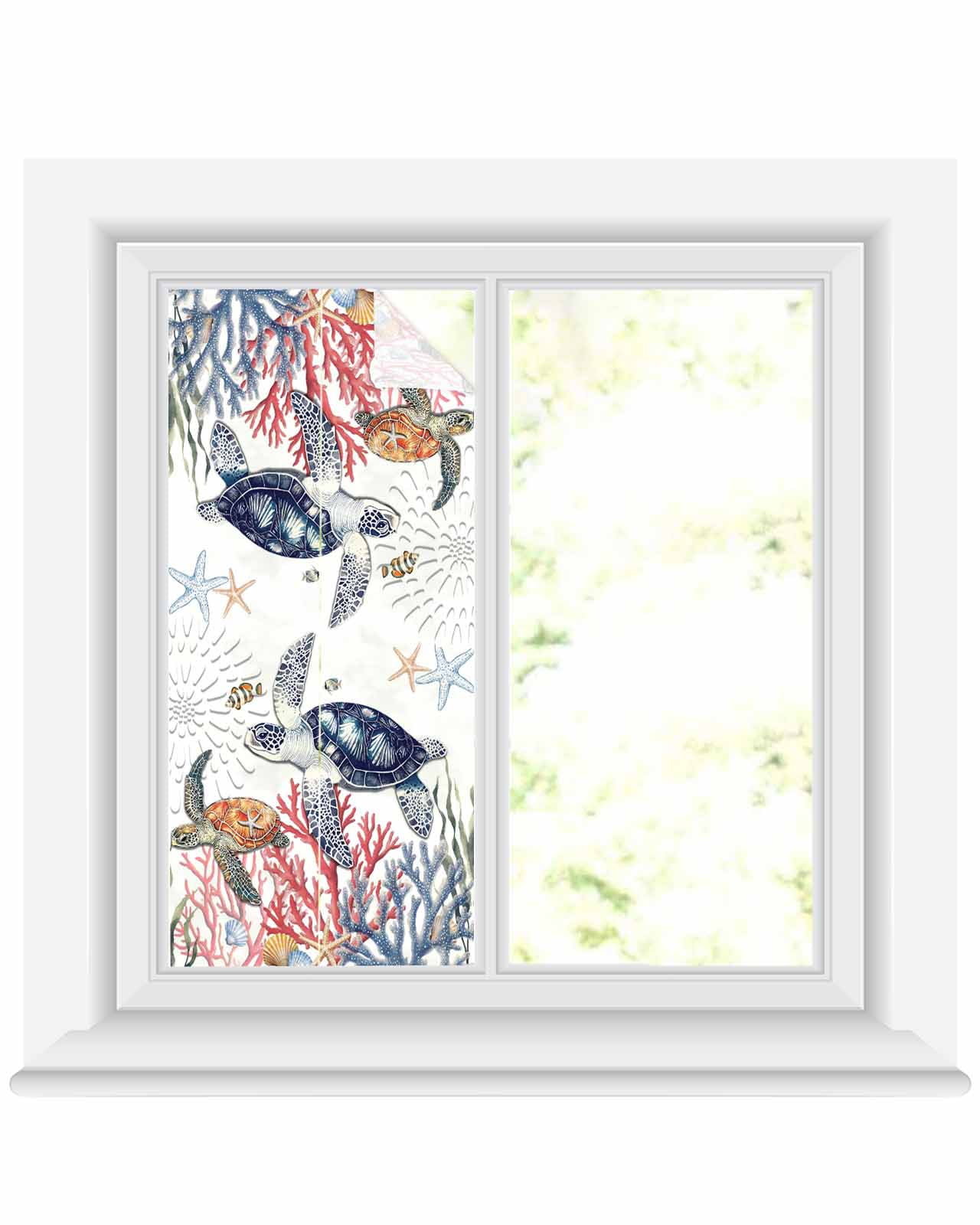 Window Privacy Film Blue Sea Turtle Coastal Stained Glass Window Film ...