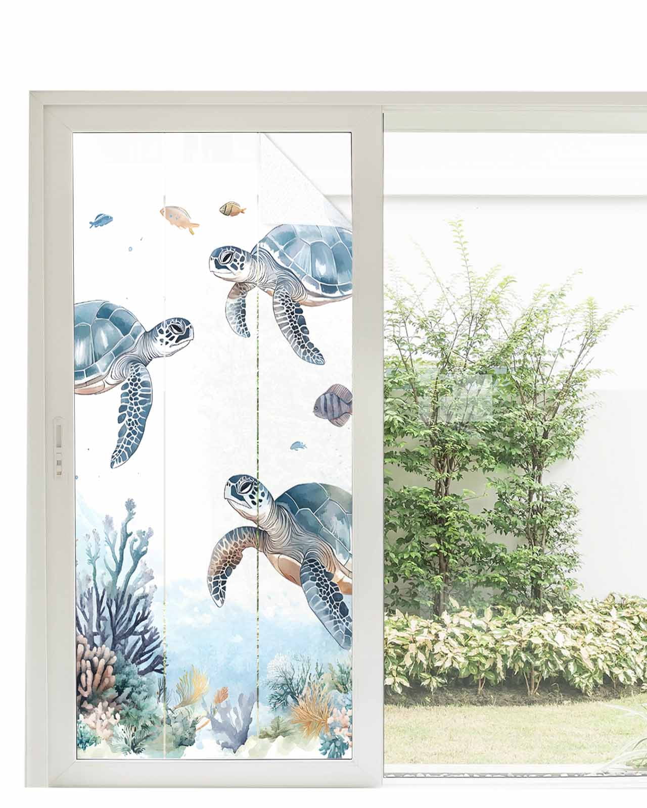 Window Privacy Film Blue Sea Turtle Coastal Stained Glass Window Film ...