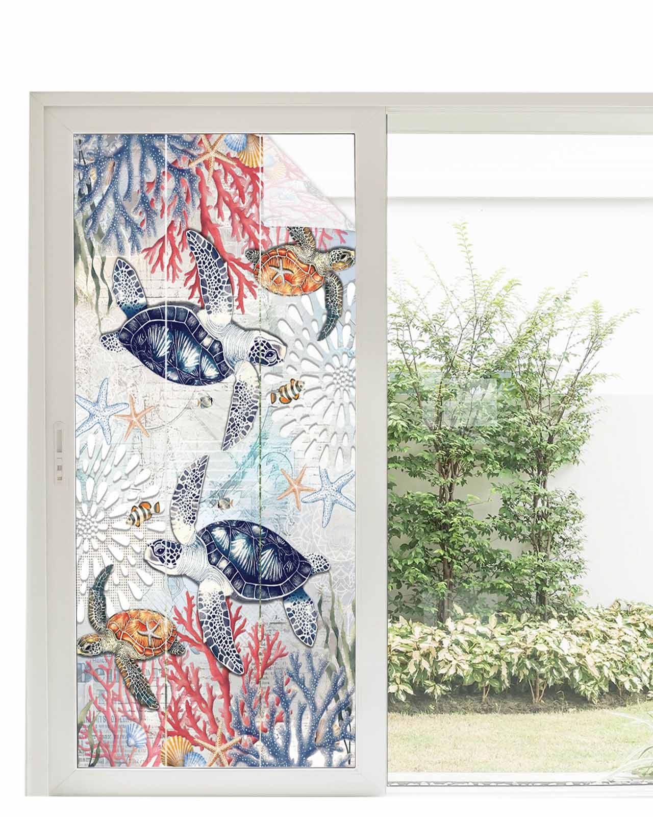 Window Privacy Film Blue Sea Turtle Coastal Stained Glass Window Film ...