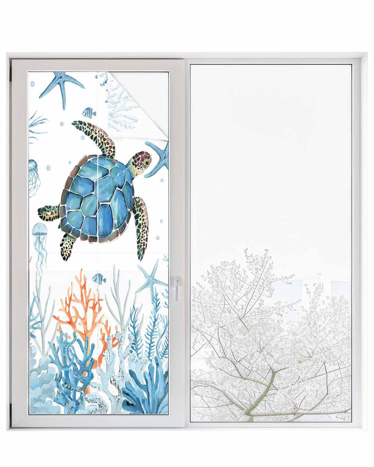 Window Privacy Film Blue Sea Turtle Stained Glass Window Film ...