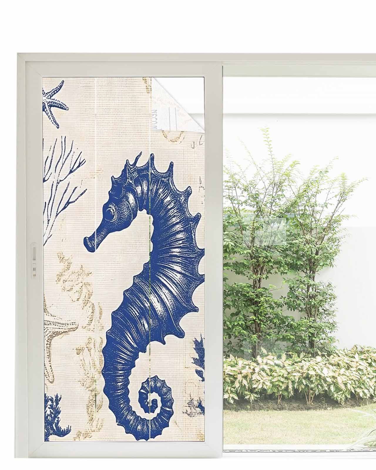 Window Privacy Film Blue Seahorse Coastal Stained Glass Window Film ...
