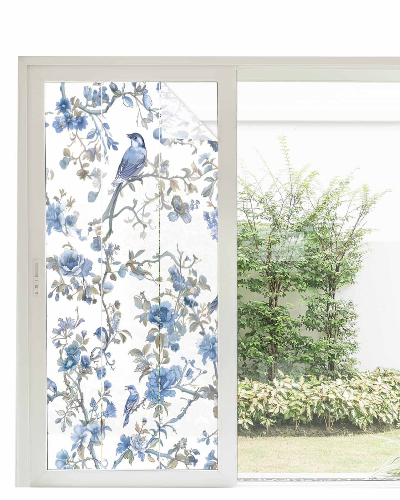 Window Privacy Film Blue Spring Floral Stained Glass Window Film ...