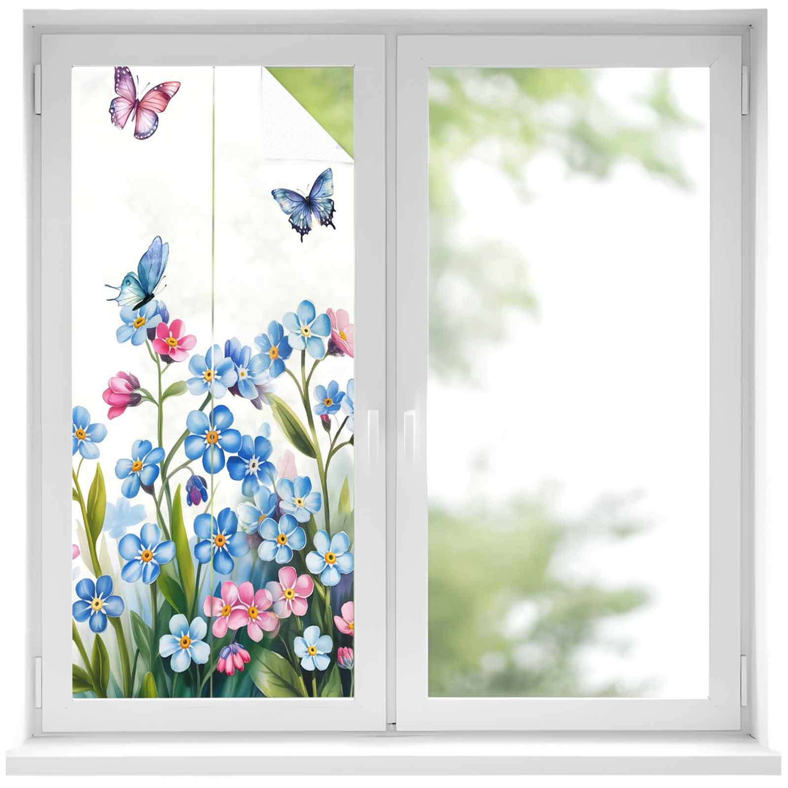 Window Privacy Film Blue Spring Floral Stained Glass Window Film ...
