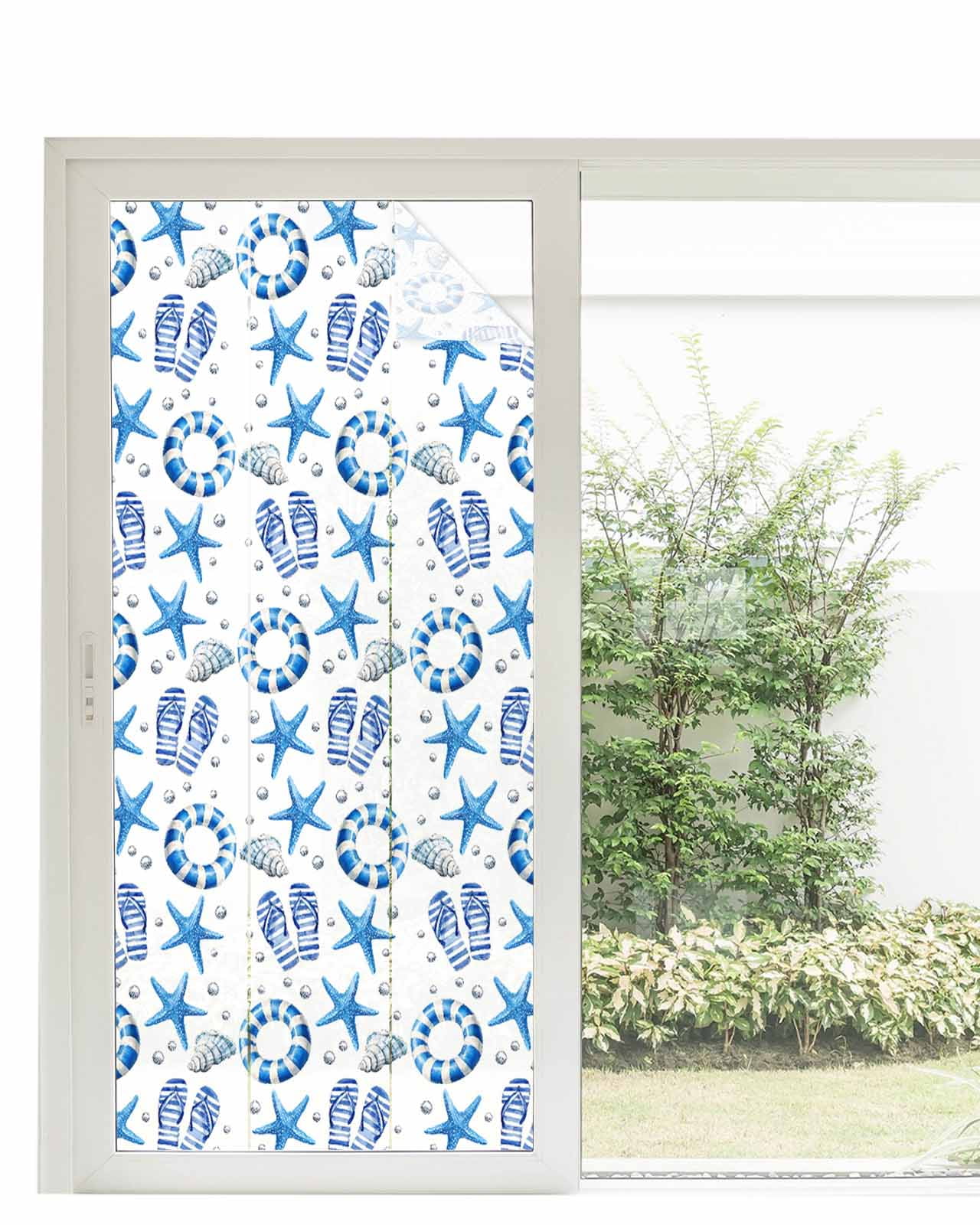 Window Privacy Film Blue Starfish Stained Glass Window Film Decorative Sun Block Window Cover ...