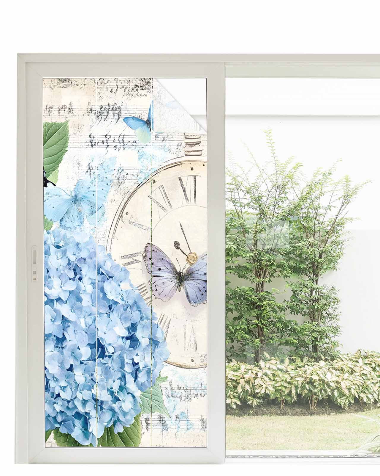 Window Privacy Film Blue Vintage Hydrangea Stained Glass Window Film ...