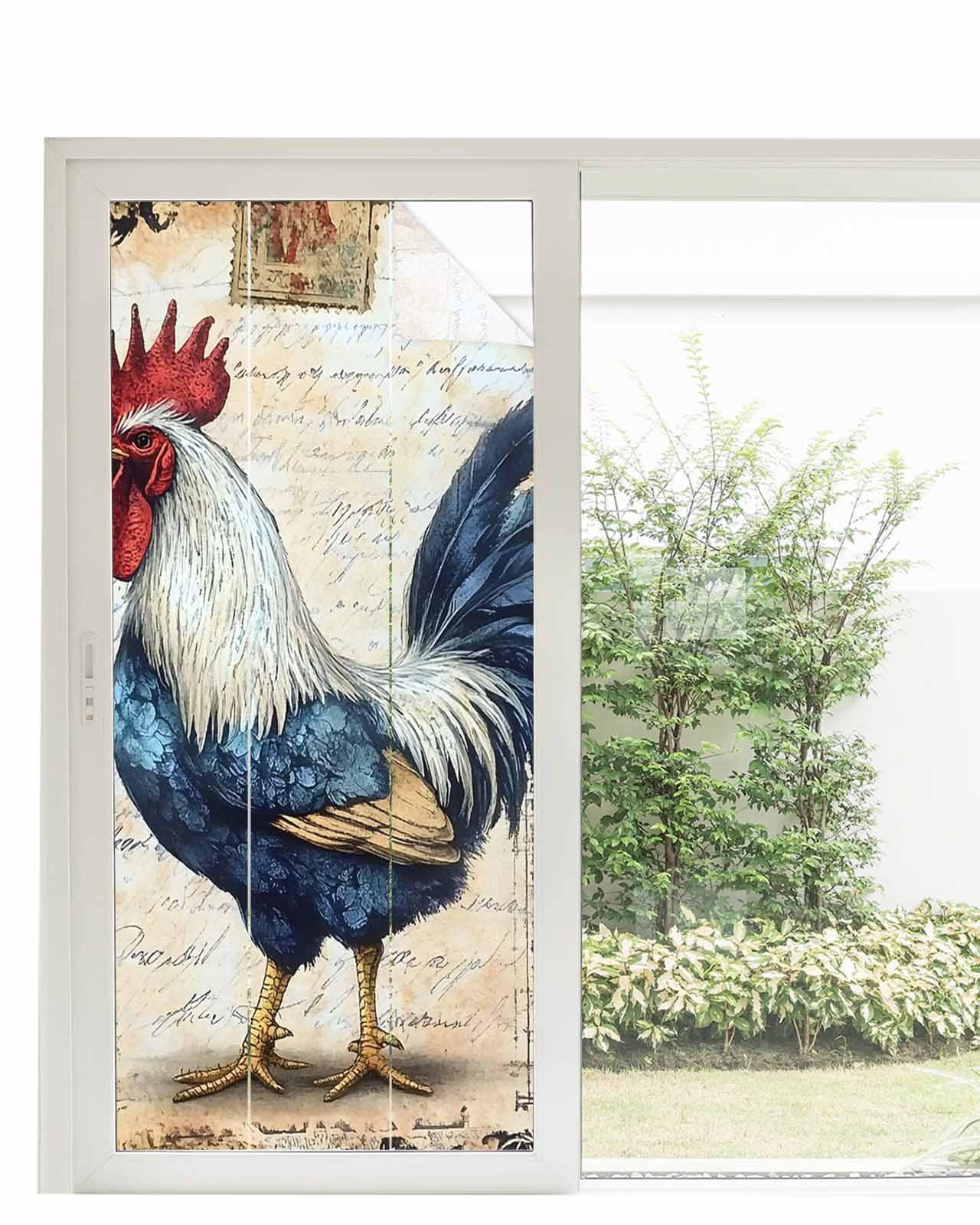 Window Privacy Film Blue Vintage Rooster Stained Glass Window Film ...